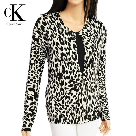 Calvin Klein | Sweaters | Nwt Calvin Klein Leopard Print Button Front Lightweight Knit Cardigan ...